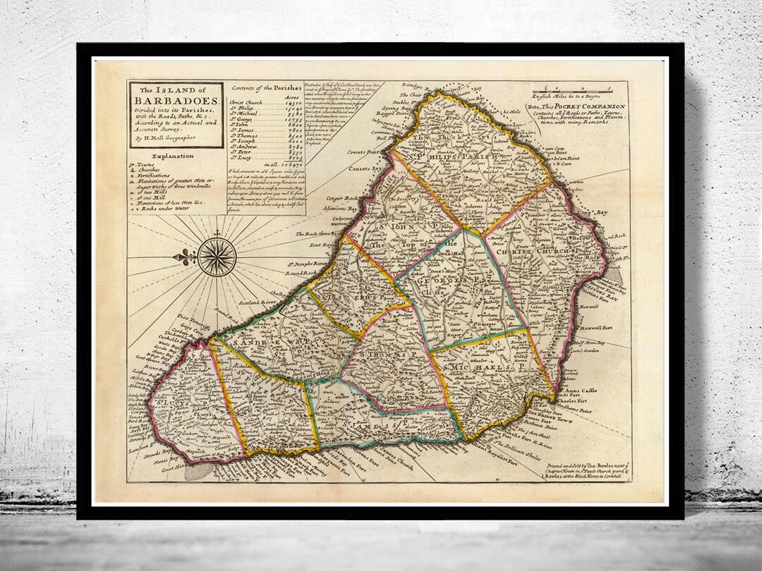 Old Map of Barbados Antilles 1736 Vintage Map | Vintage Poster Wall Art ...