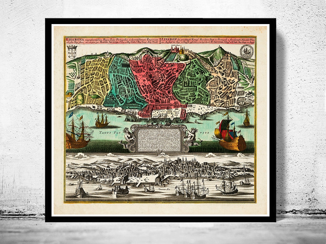 Old Map of Lisbon 1735 Lisboa Portugal Mapa Antigo Vintage Poster Wall ...