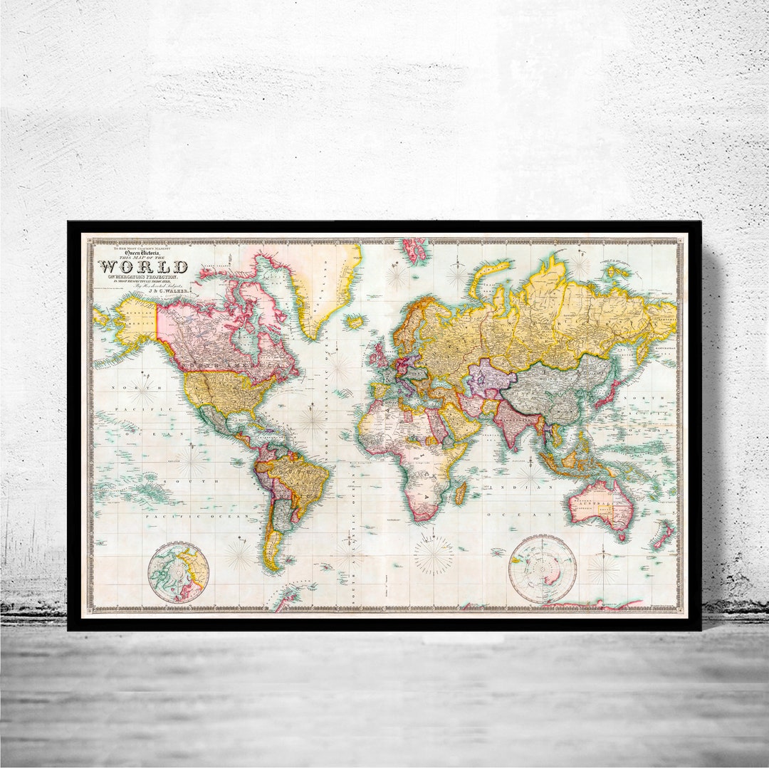 Beautiful World Map Vintage Atlas 1849 Mercator Projection World Map ...