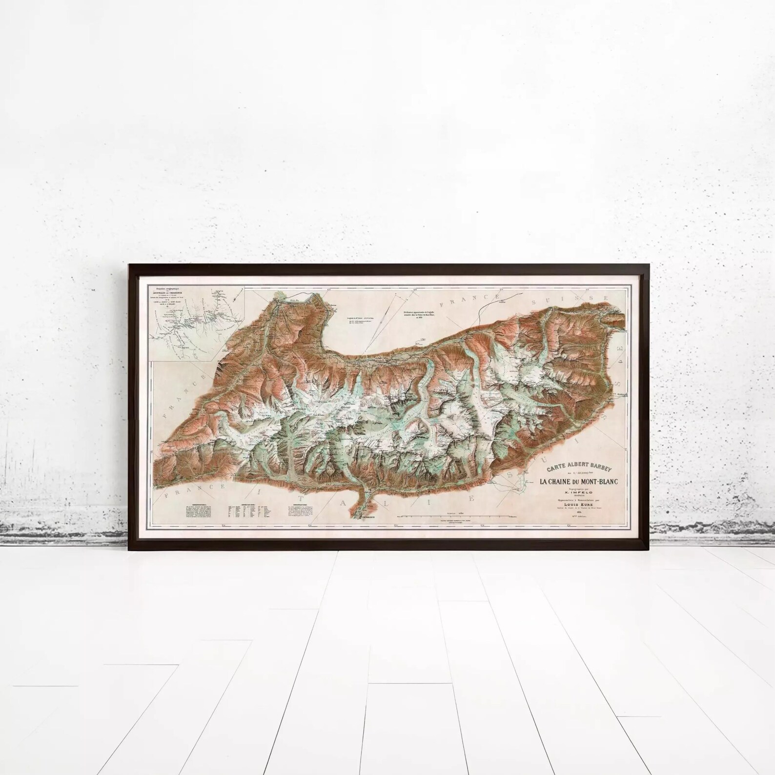 Vintage Map of Mont Blanc Massif Monte Bianco 1924 Chamonix, Martigny ...
