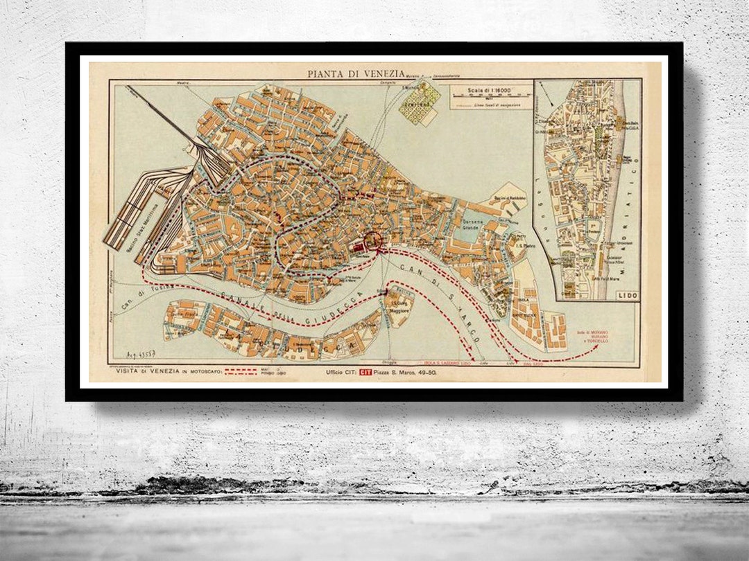 Vintage Old Map of Venice Venetia Venezia , Italy 1928 Vintage Poster ...