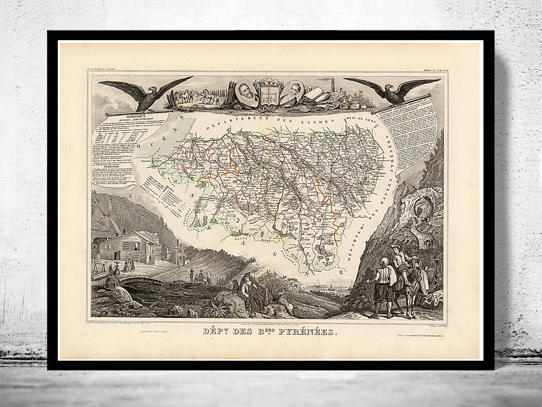 Old Map of Pyrenees Pirineus 1845 Vintage Poster Wall Art Print Wall ...
