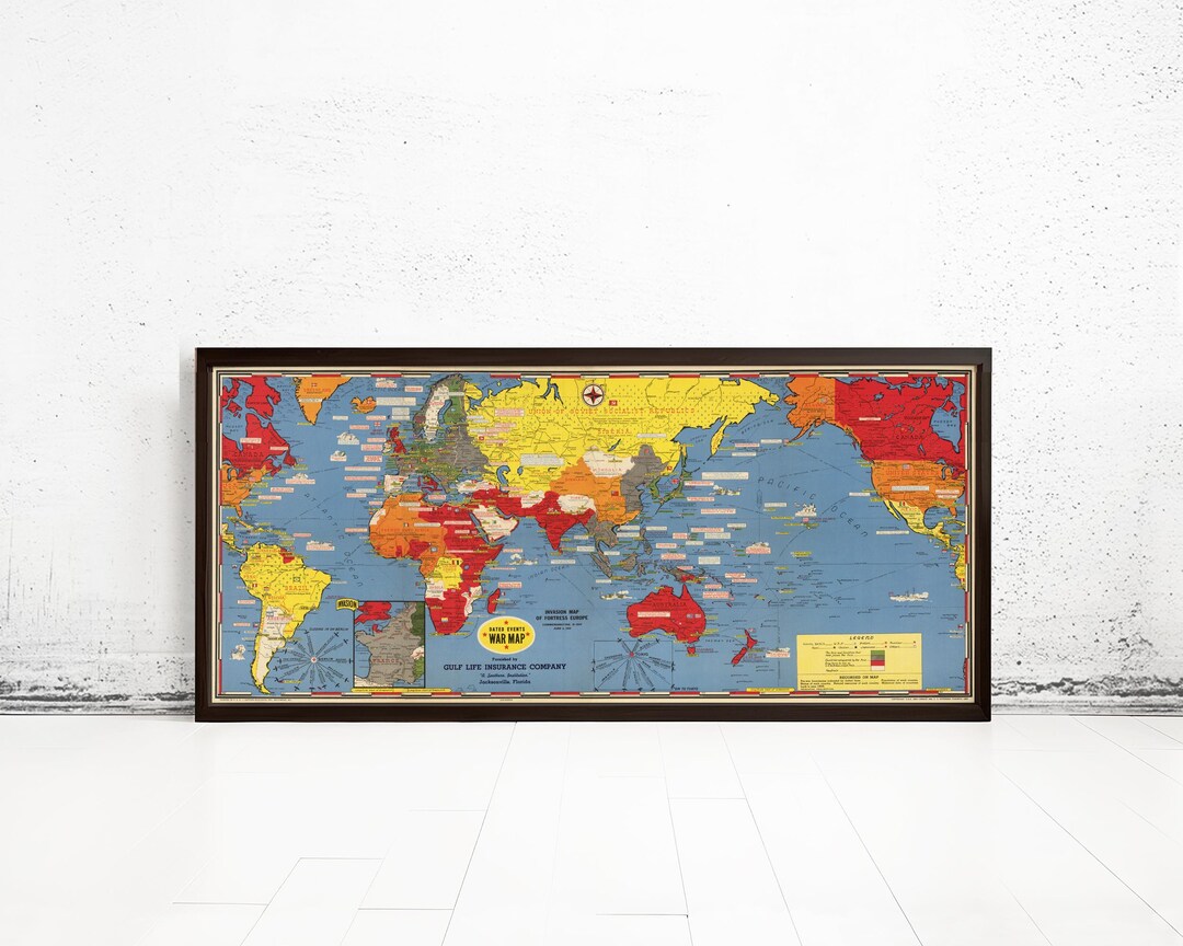 Old World War 2 History Chart 1944 Dated Events Allies World Map Gift ...