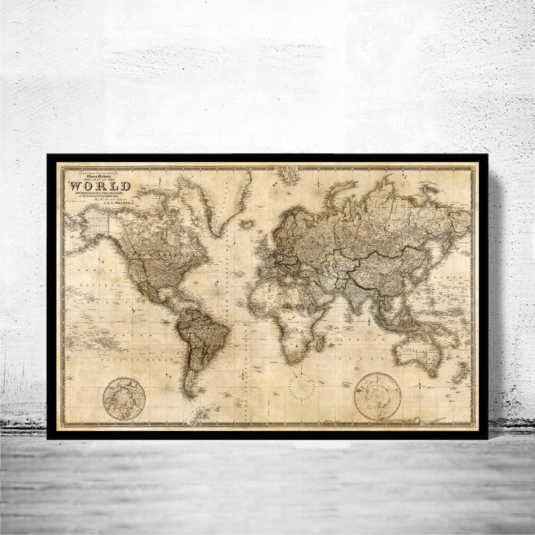 Big Old World Map 1849 Vintage Atlas Mercator Projection Sepia World ...