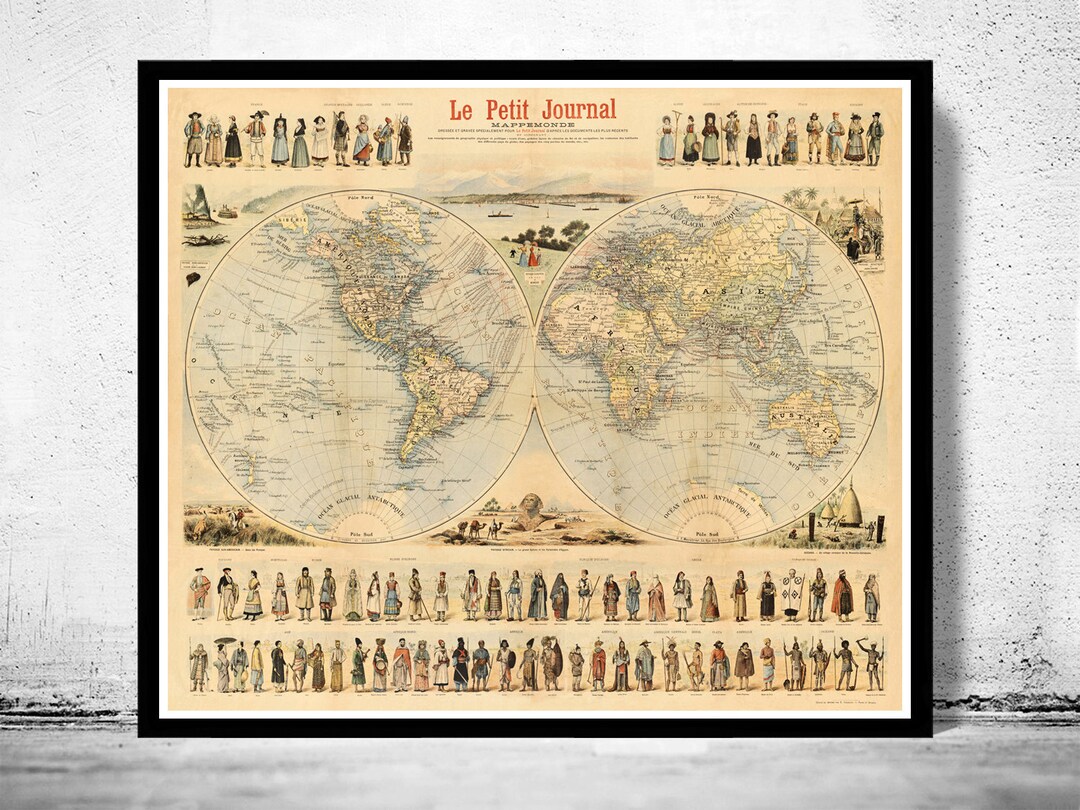 Vintage World Map Antique Atlas 1900 Folklore Map of the World World ...