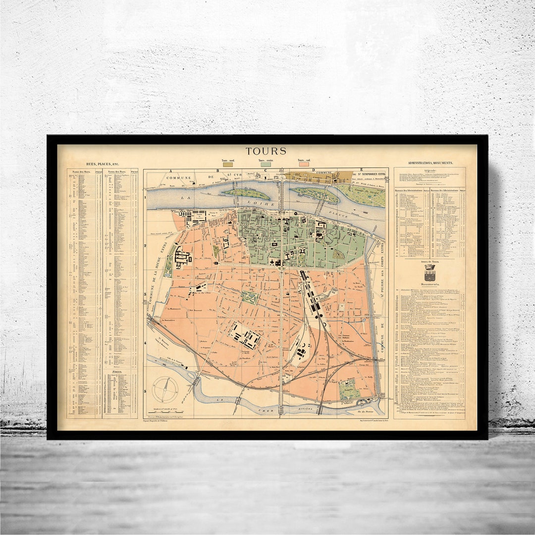 Old Map of Tours France 1890 Vintage Map Vintage Poster Wall Art Print ...