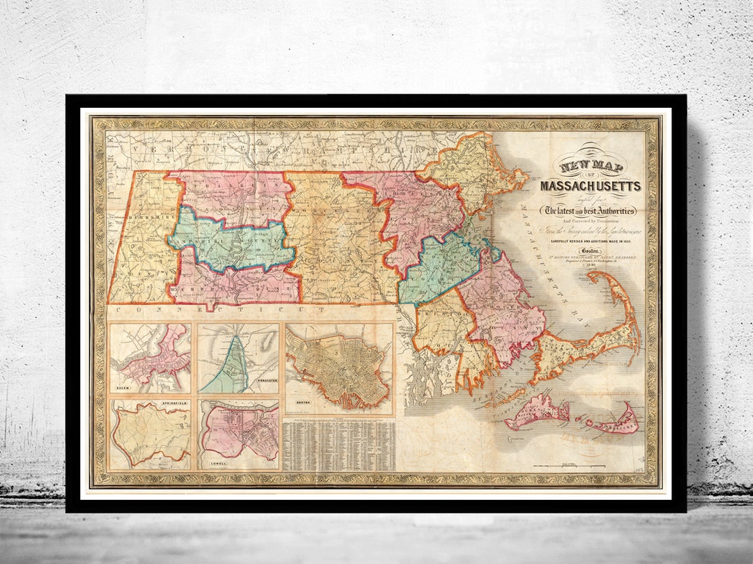 Old Map of Massachusetts State 1839 Boston Salem Worcester, Lowell ...