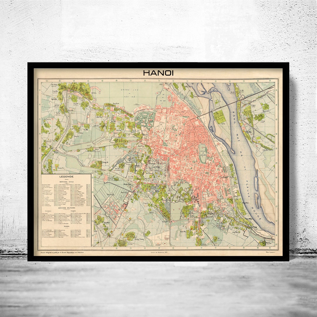 Old Map of Hanoi Vietnam 1929 | Vintage Poster Wall Art Print | Wall ...