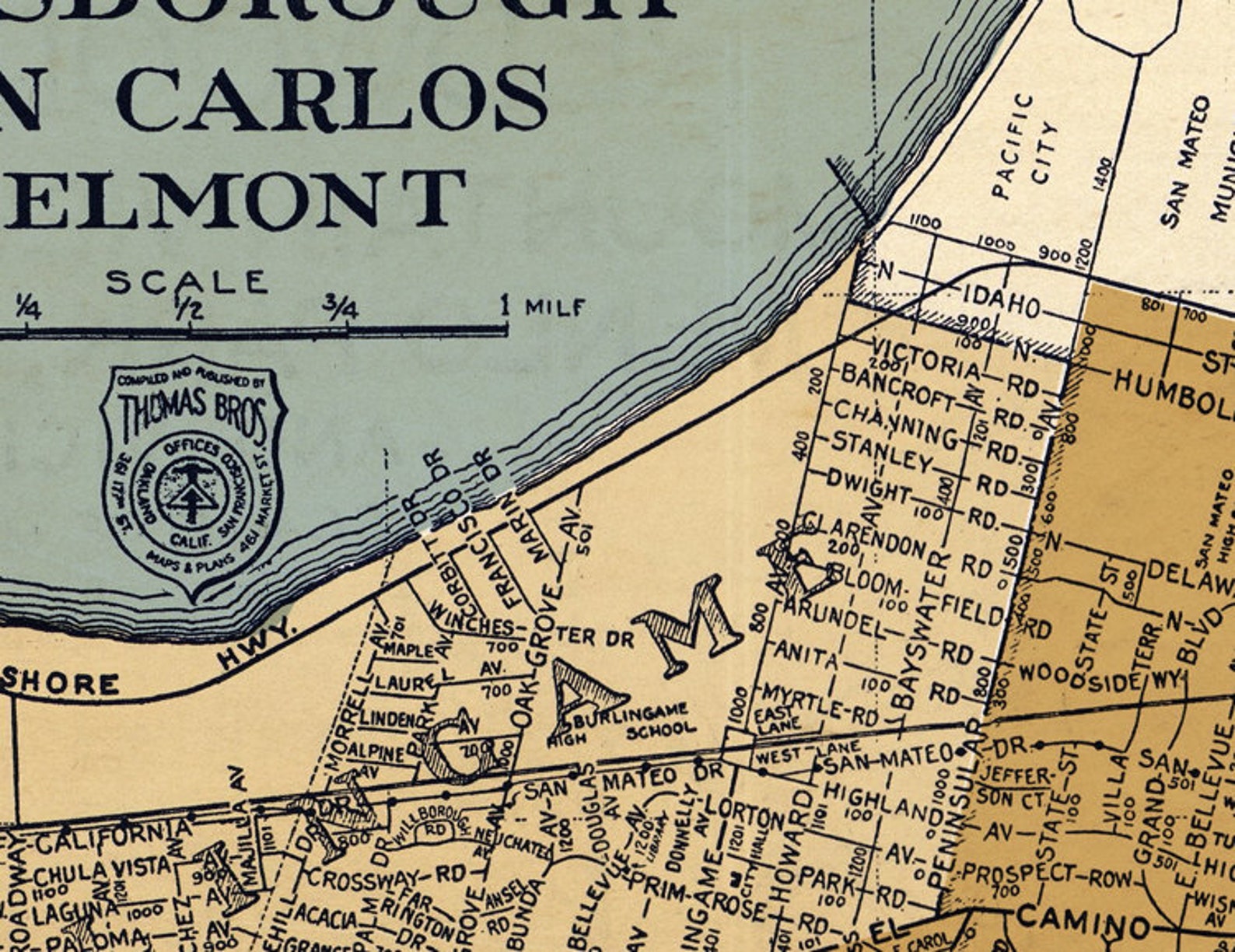 Old Map of Burlingame San Mateo California 1920 Vintage Map | Etsy
