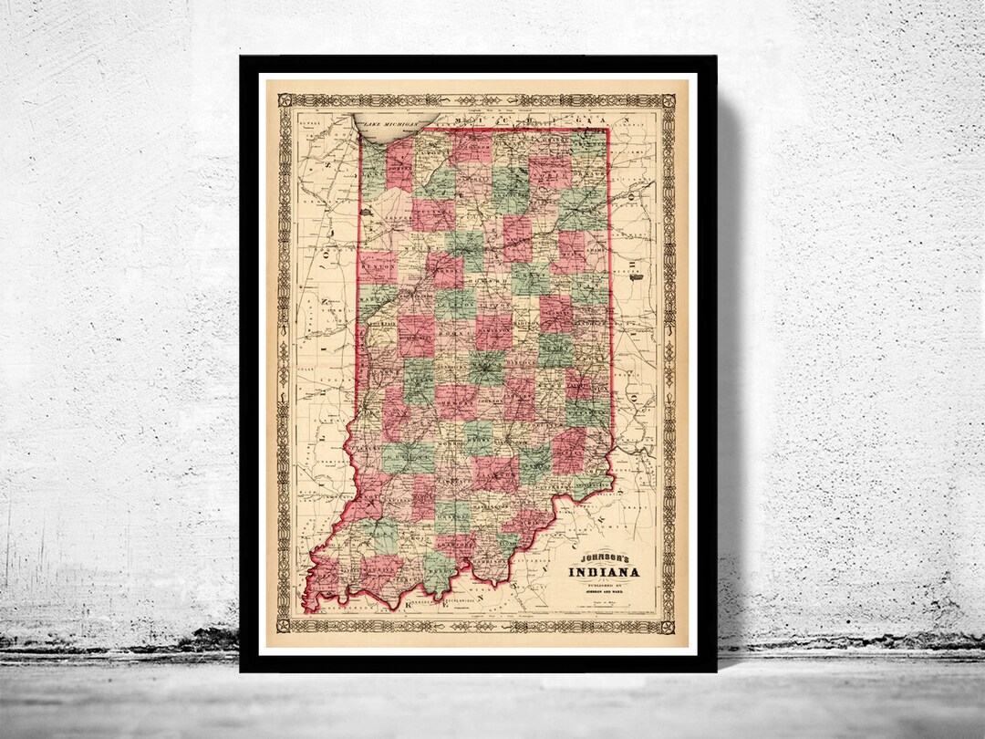 Old Map Indiana State 1864 United States of America Vintage Poster Wall ...