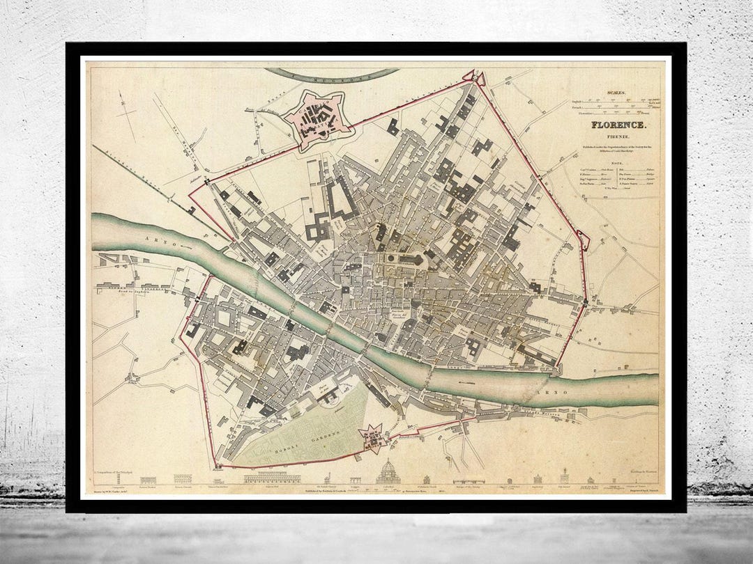 Old Map of Florence Firenze 1835 Vintage Map | Vintage Map Wall Art ...
