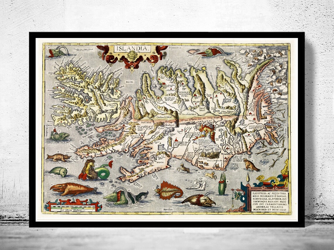 Old Map of Iceland Islandia 1542 Island Sea Monsters Vintage | Etsy