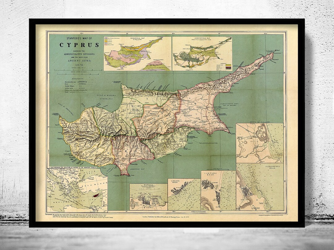 Old Map of Cyprus 1878 Vintage Map Vintage Poster Wall Art Print Wall ...