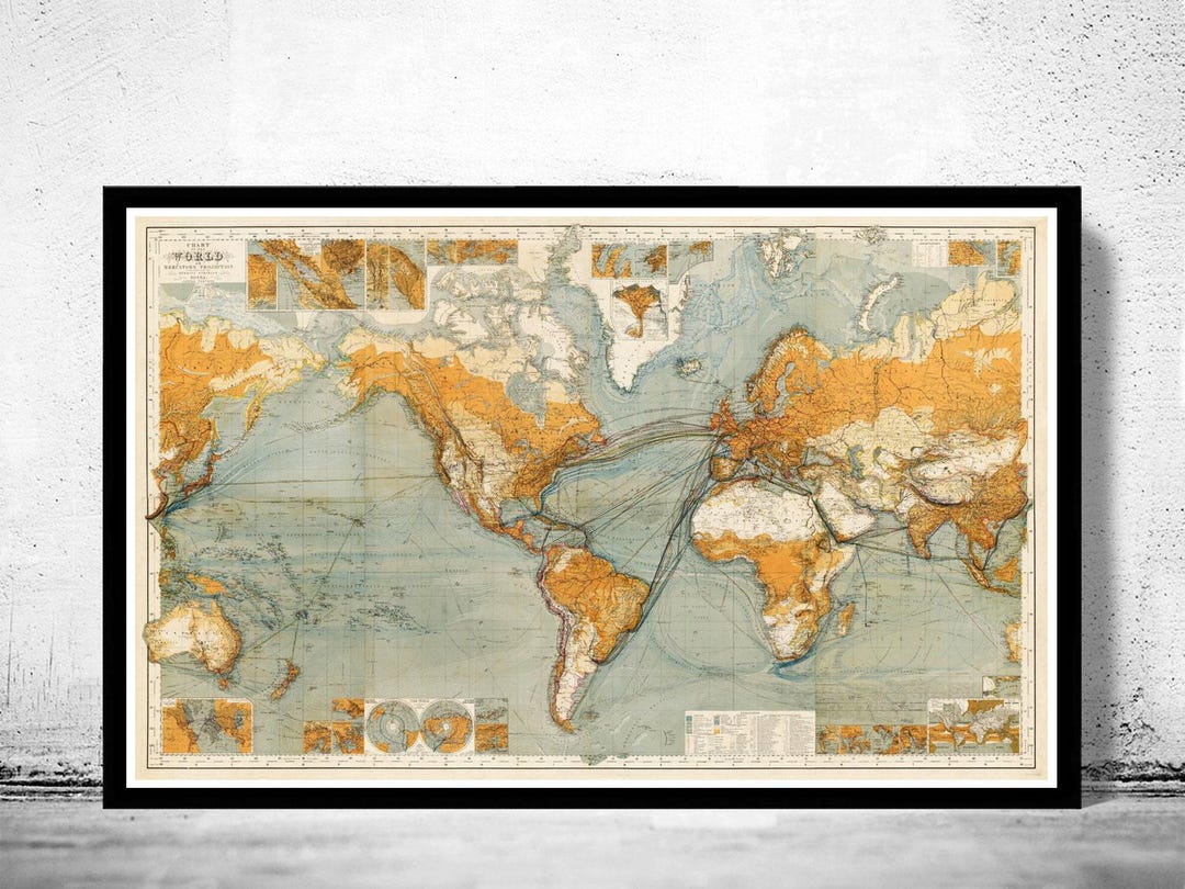 Large Old World Map in 1875 Vintage Map | World Map Gift World Map ...