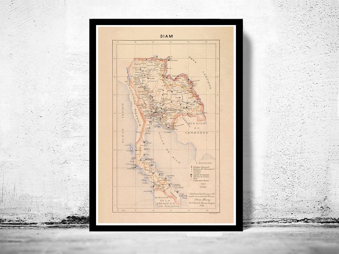 Old Map of Thailand Old Siam 1889 Vintage Map Vintage Poster Wall Art ...