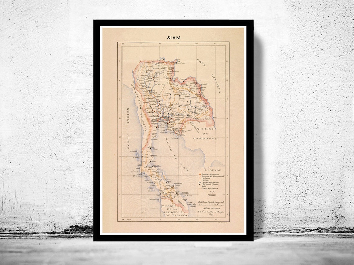 Old Map of Thailand Old Siam 1889 Vintage Map Vintage Poster - Etsy