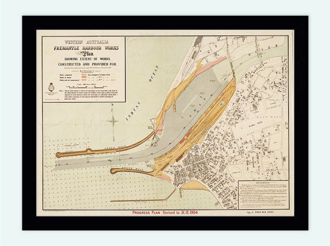 Vintage Map of Fremantle Port Harbour and Perth, Australia 1904 Vintage ...