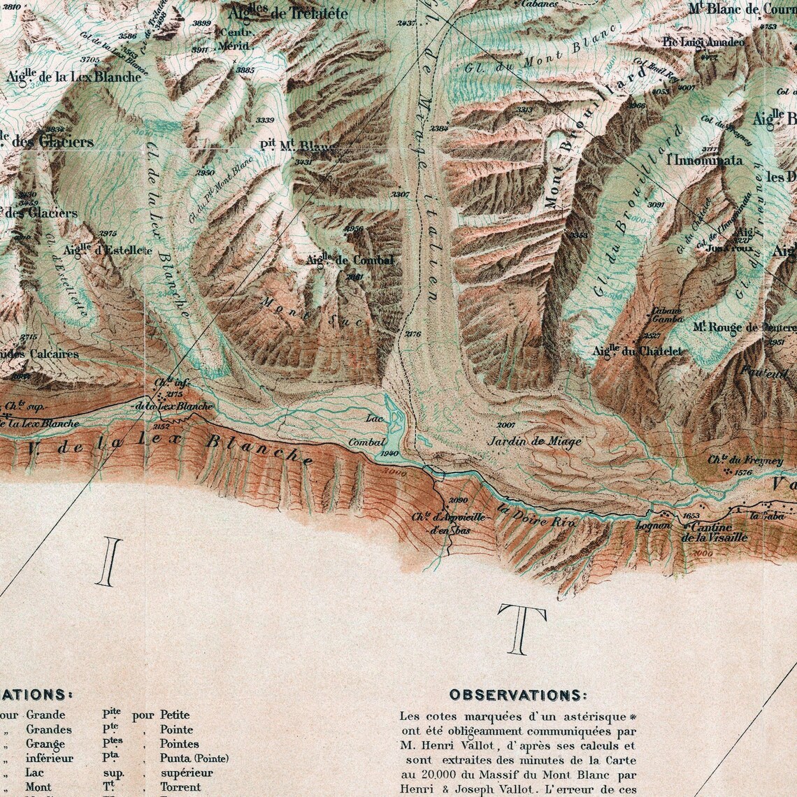 Vintage Map of Mont Blanc Massif Monte Bianco 1924 Chamonix, Martigny ...