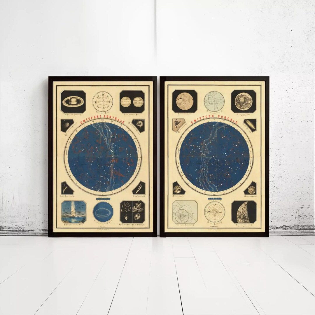 Beautiful Celestial Map Emisfero Australe Emisfero Boreale 1861 ...