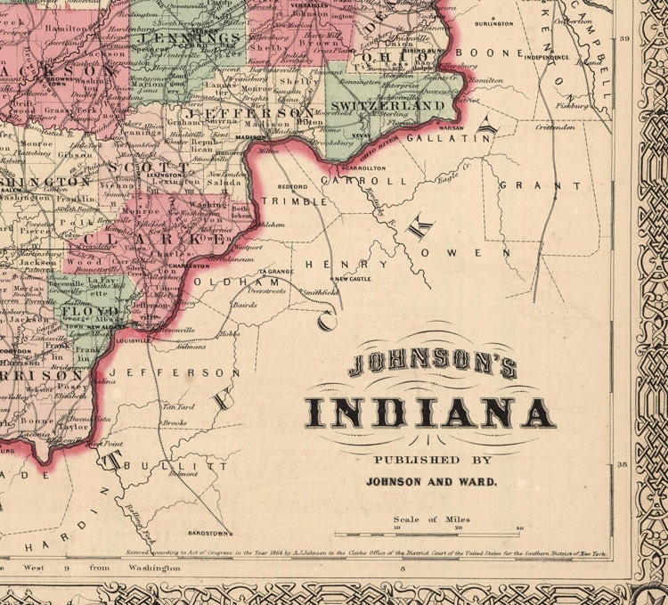 Old Map Indiana State 1864 United States of America Vintage - Etsy