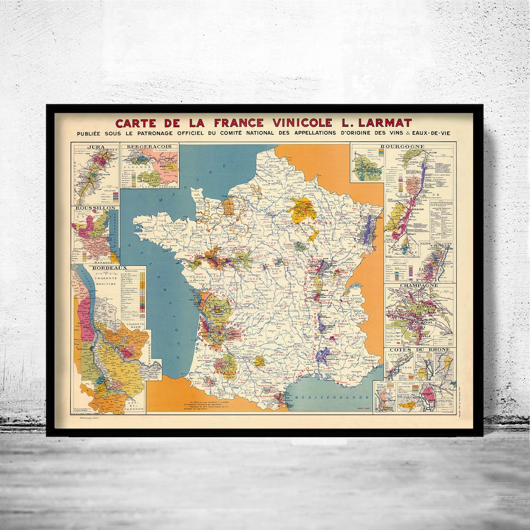 Old France Wine Chart 1949 Carte Vinicole De La France Vintage Poster ...