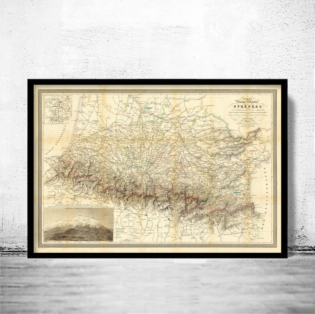 Old Map of Pyrenees Pirineus 1851 France Spain Vintage Map | Vintage ...