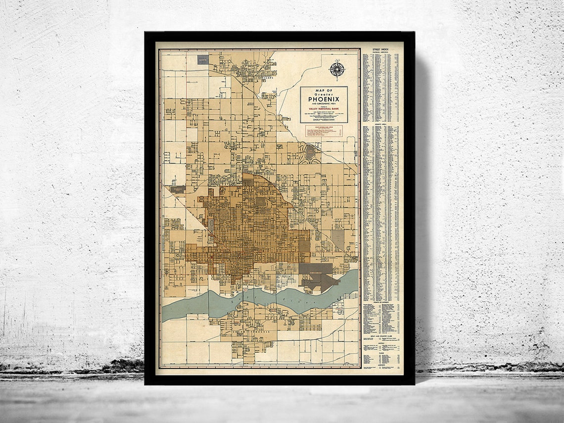 Old map of Phoenix Arizona 1947 Vintage Map Vintage Poster | Etsy