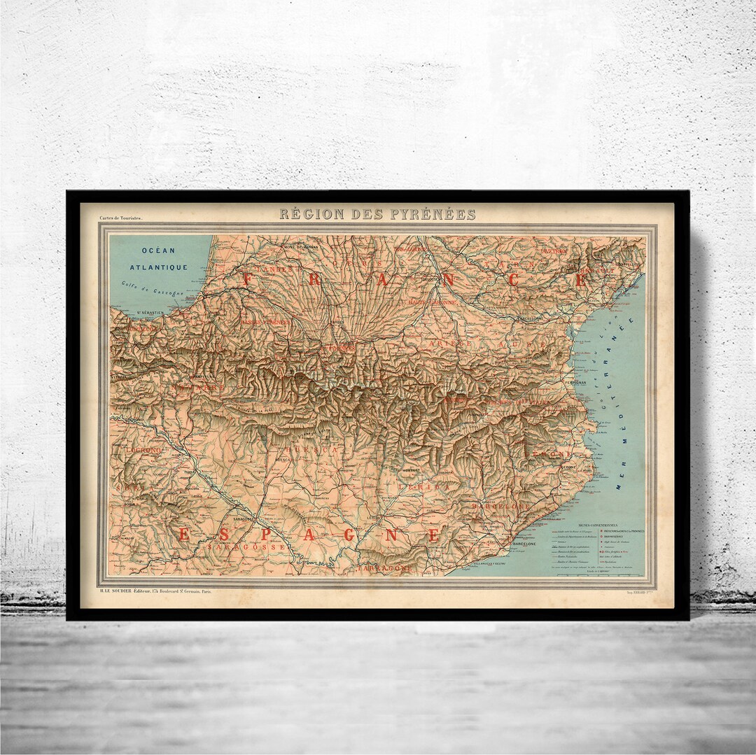 Old Map of Pyrenees Pirineus 1920 France Spain Vintage Poster Wall Art ...