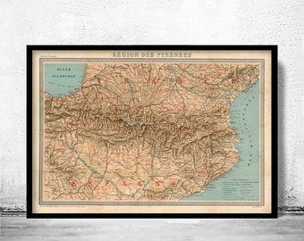 1897 Old Map of Pyrenees, Pyrenees Map Antique Print, Vintage Poster ...