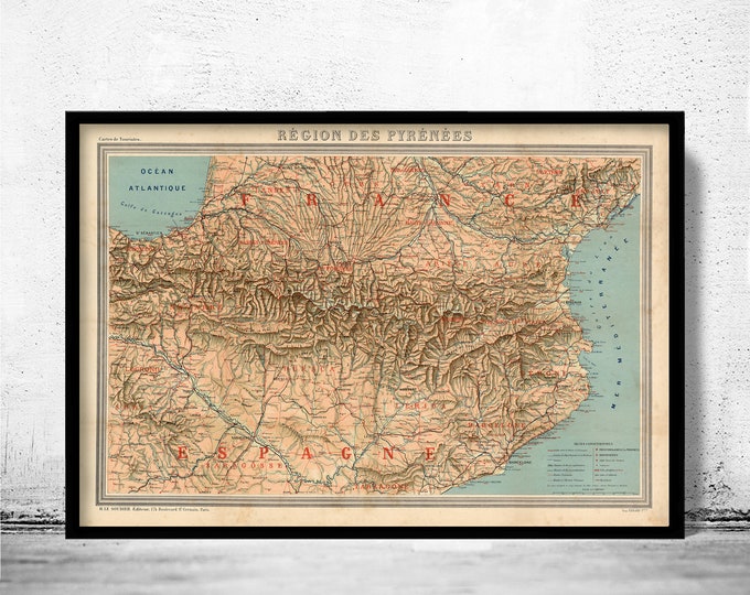 1897 Old Map of Pyrenees, Pyrenees Map Antique Print, Vintage Poster ...