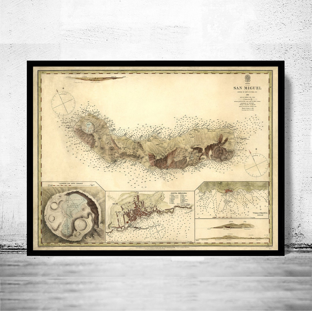 Old Map of San Miguel Açores Azores Islands 1870 São Miguel Açores and ...