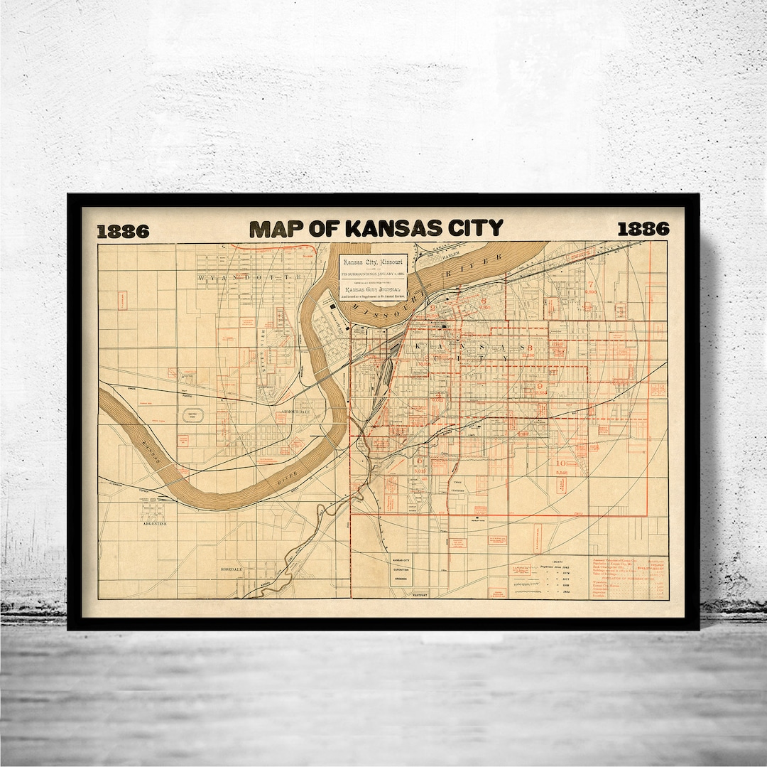 Old Map of Kansas City Missouri 1886 Vintage Map Gift Vintage Poster ...