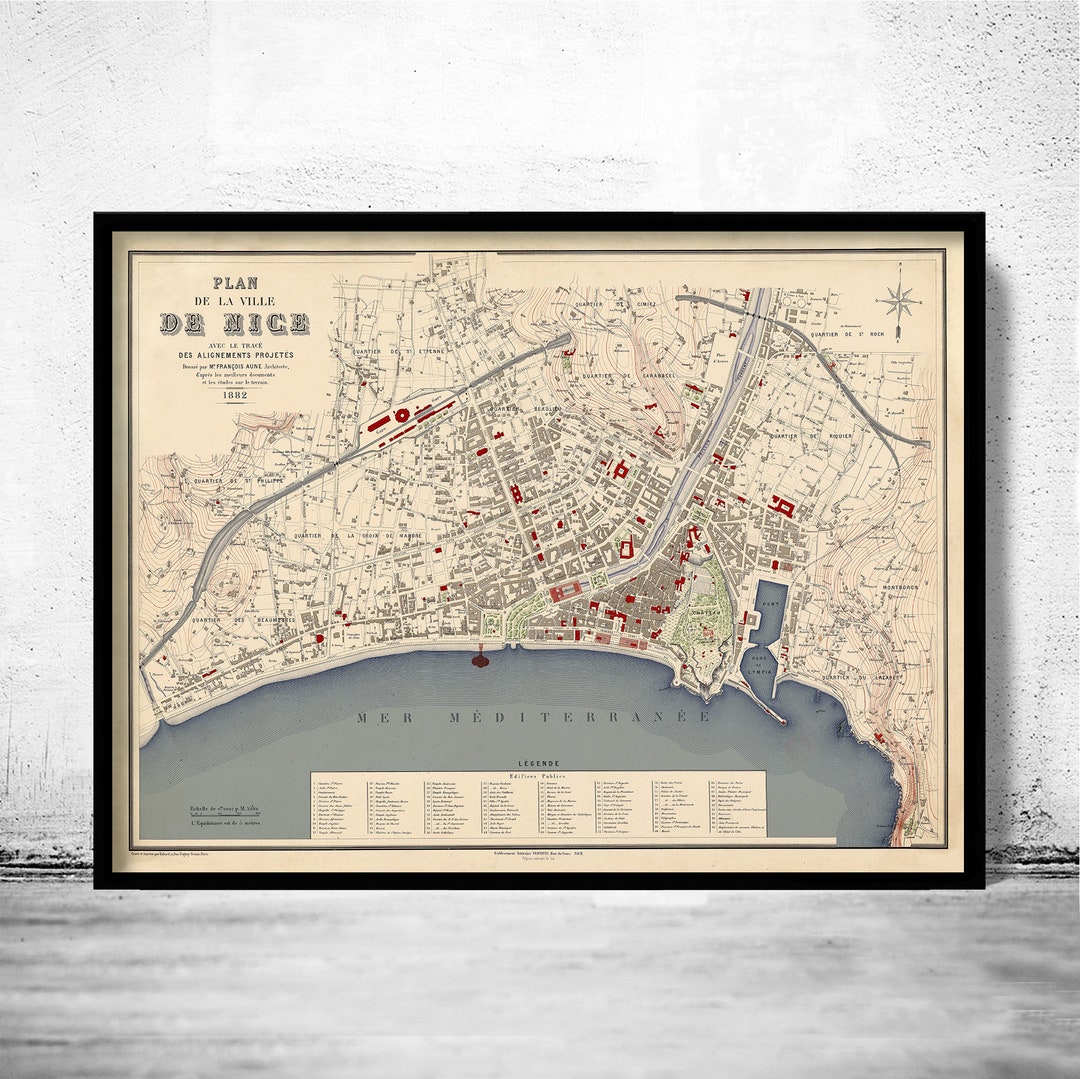 Old Map of Nice France 1882 Vintage Map Vintage Poster Wall Art Print ...