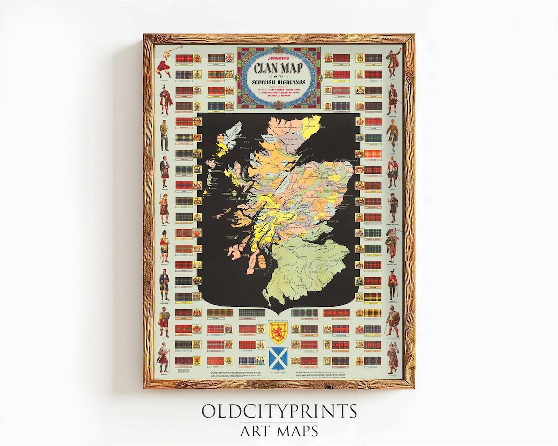 Scotland Clans Family Scottish Clan Map Poster Scotland Family Names ...