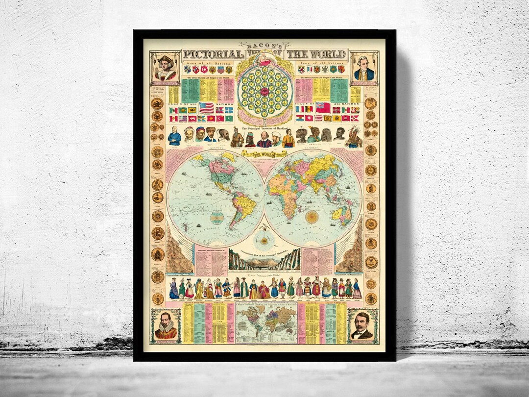 Beautiful World Map 1874 Pictorial Map Vintage Map Population Races ...