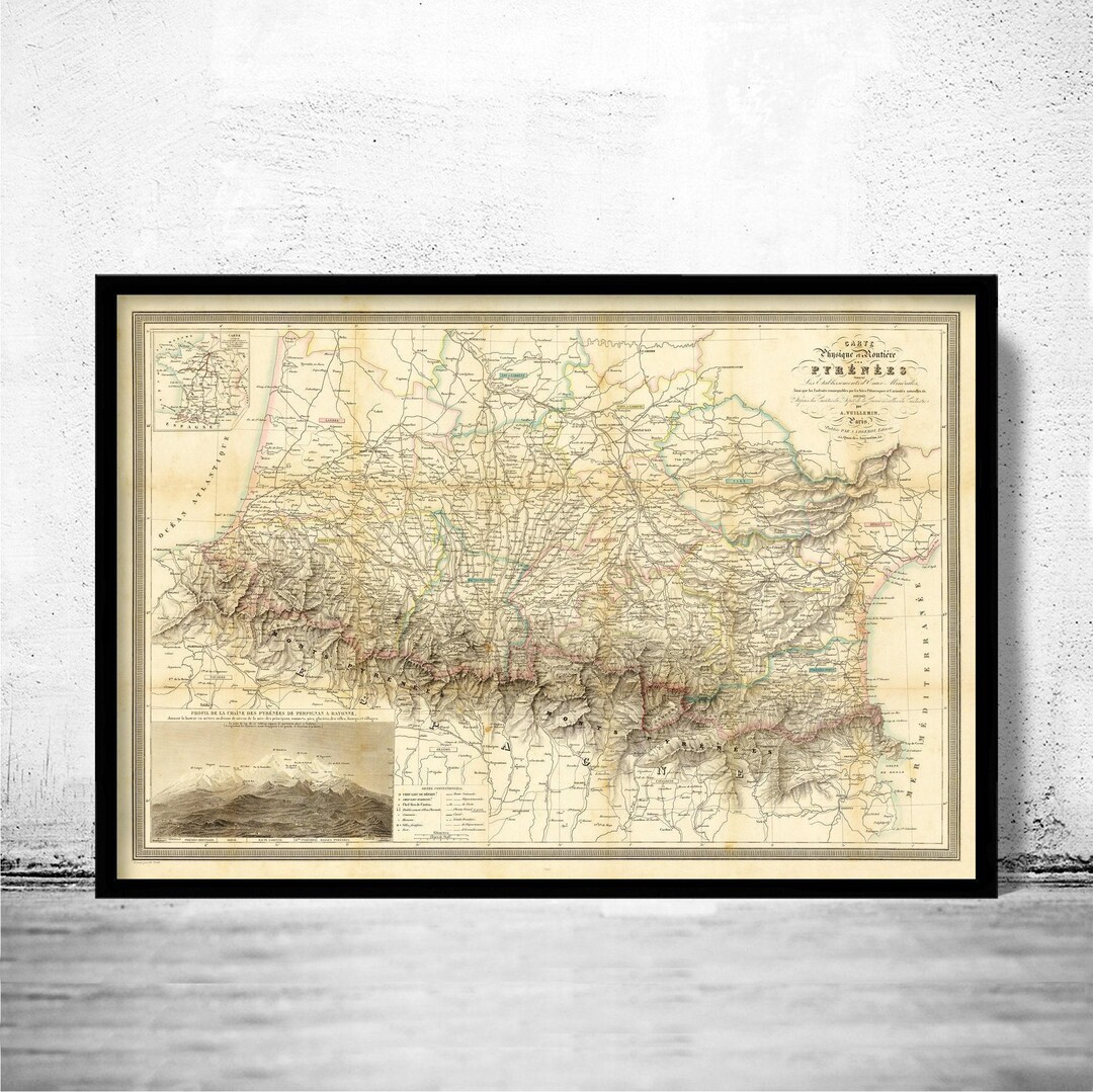 Old Map of Pyrenees Pirineus 1851 France Spain Vintage Map | Vintage ...