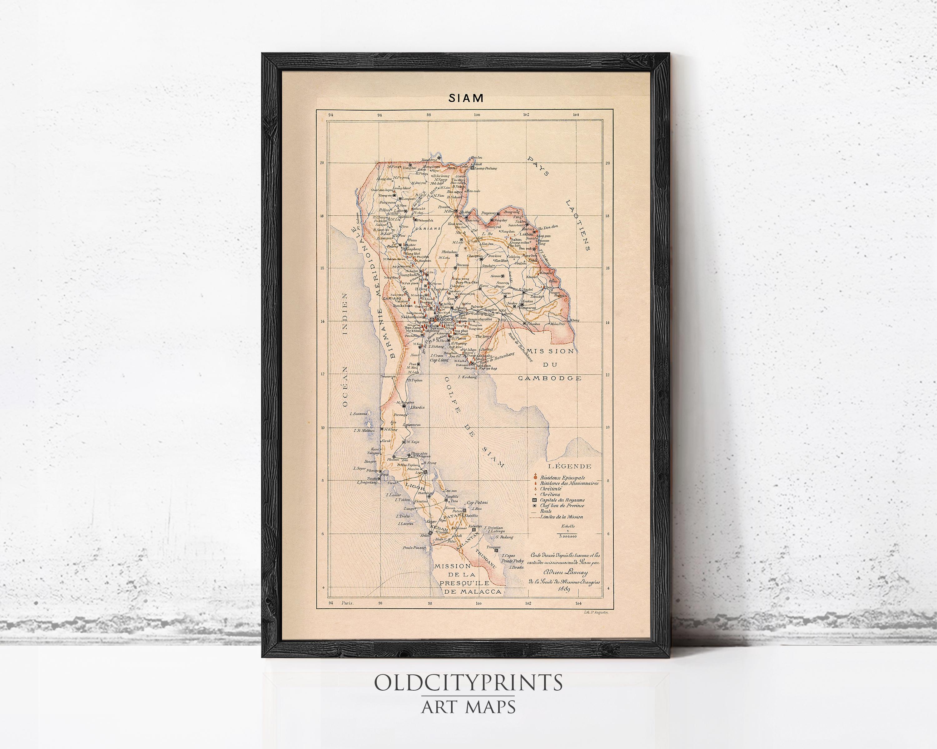 Old Map of Thailand Old Siam 1889 Vintage Map | Wall Map Print - Etsy