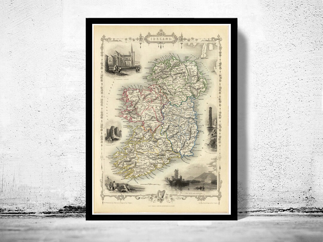 Old Map of Ireland 1851 Beautiful Map of Ireland With Gravures Vintage ...