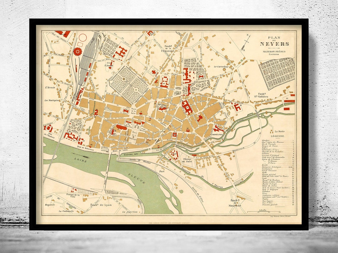 Old Map of Nevers France 1890 Vintage Map Vintage Poster Wall Art Print ...