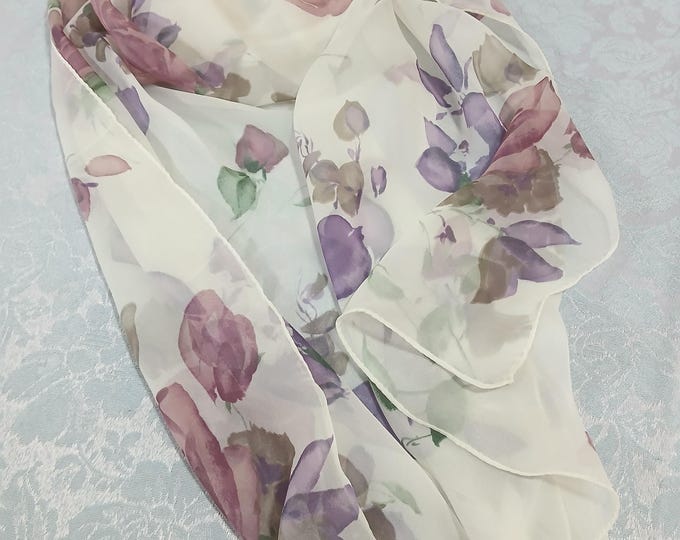 Japanese White, Pink and Purple Floral 100% Silk Scarf by Hiroko Kapp ...