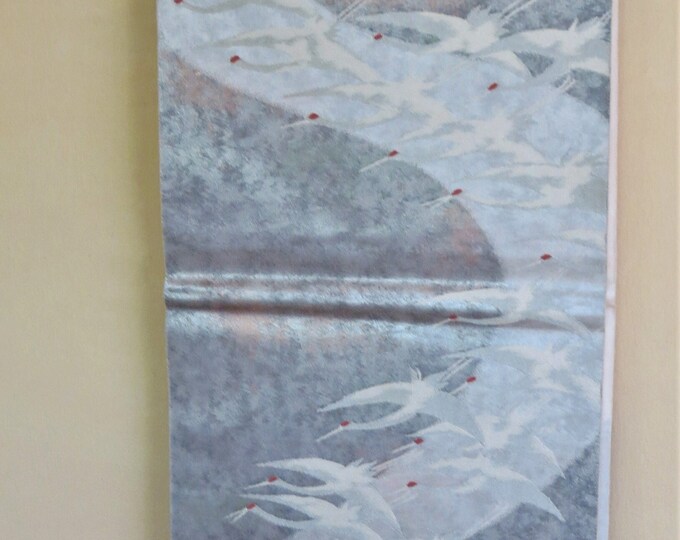 Obi TABLE RUNNER, Crane Vintage Japanese Silk Obi Belt, Flying Cranes ...