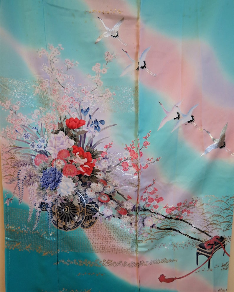 Kimono FABRIC Unsewn Tacked Fabric for FURISODE Cranes Flower - Etsy