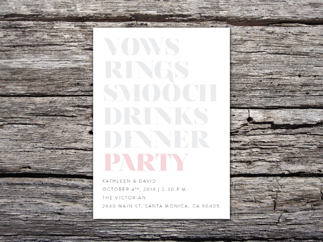 Vows Rings Smooch Drinks Dinner Party Wedding Invitation Fun Wedding ...