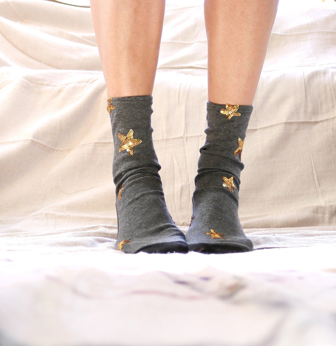 Gold Sequin Stars on Charcoal Grey Cotton Knit Handmade Socks - Etsy