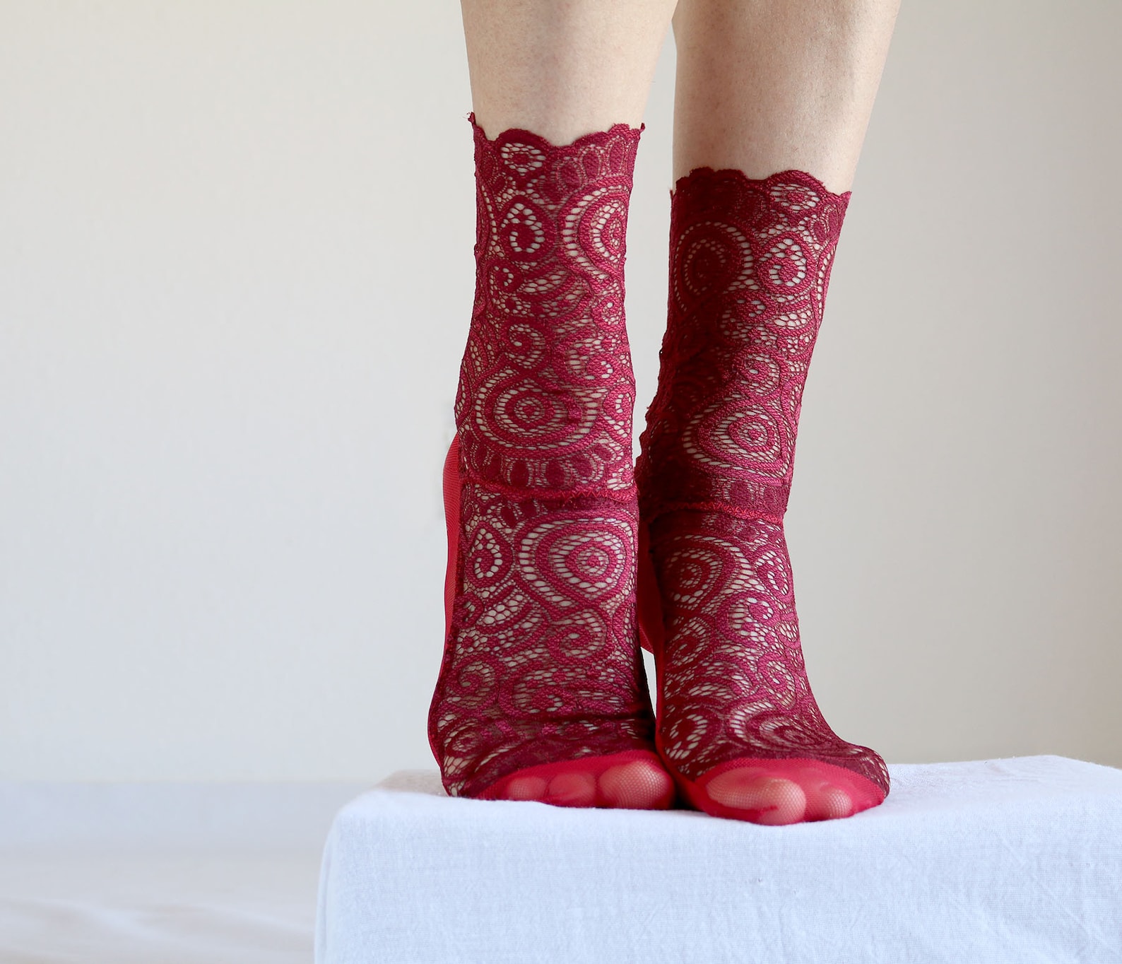 Burgundy Red Lace Socks. Scalloped Edge Lace and Mesh Socks. - Etsy