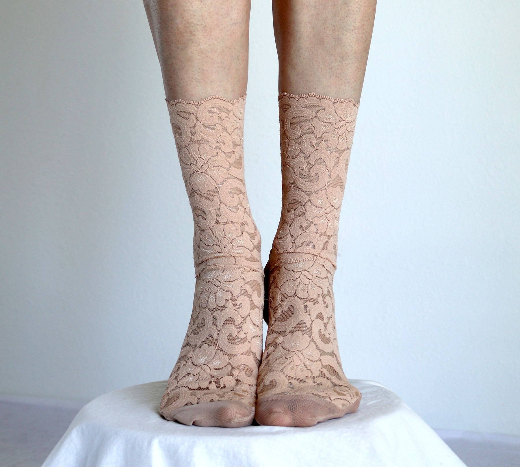 Beige Lace Socks. Scalloped Edge Lace and Mesh Socks. Handmade - Etsy