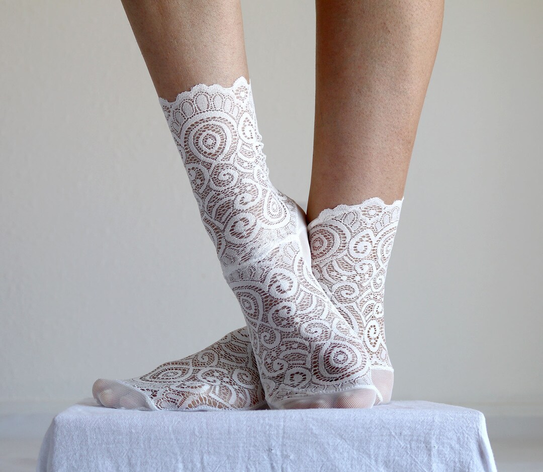 Off White Lace Socks. Scalloped Edge Lace and Mesh Socks. Handmade ...