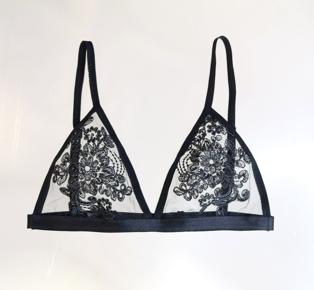 Sheer Bra. Black Bralette. Embroidered Bra See Through Lingerie. Gift ...