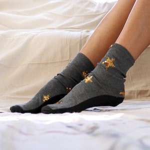 Gold Sequin Stars on Charcoal Grey Cotton Knit Handmade Socks - Etsy
