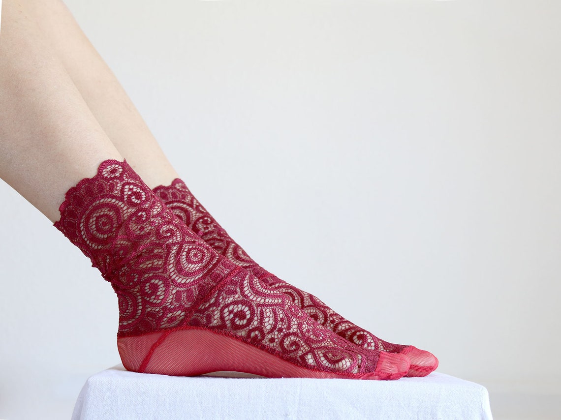 Burgundy Red Lace Socks. Scalloped Edge Lace and Mesh Socks. - Etsy